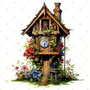 Overgrown Floral Cuckoo Clock Clipart Bundle 10 High Quality Watercolor ...