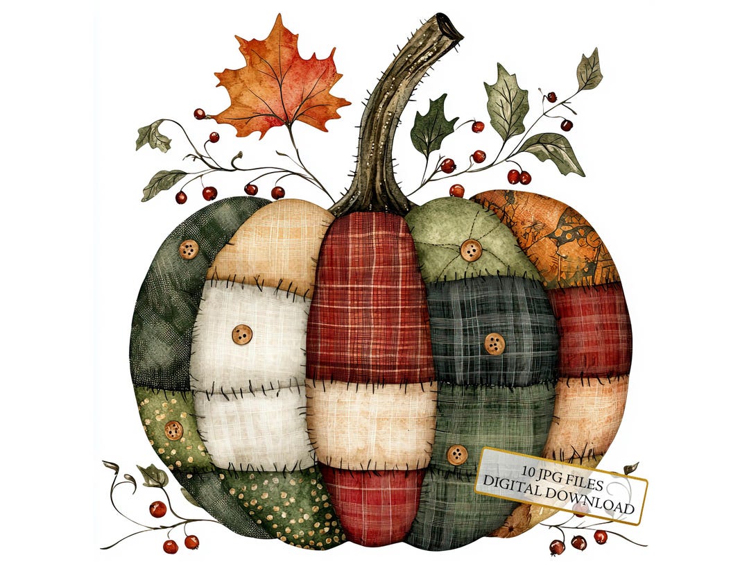 Autumn Patchwork Pumpkin Clipart Bundle- 10 High Quality Watercolor ...