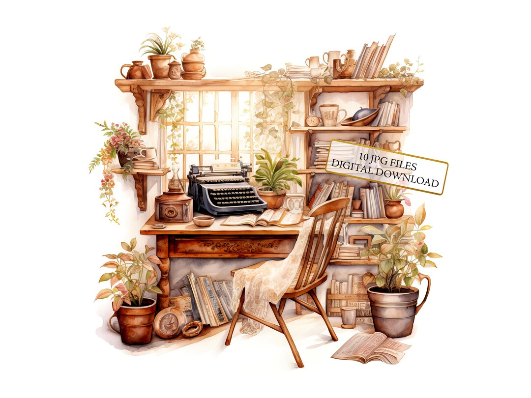 Cozy Cluttered Writer's Desk With Typewriter Clipart Bundle- 10 High ...