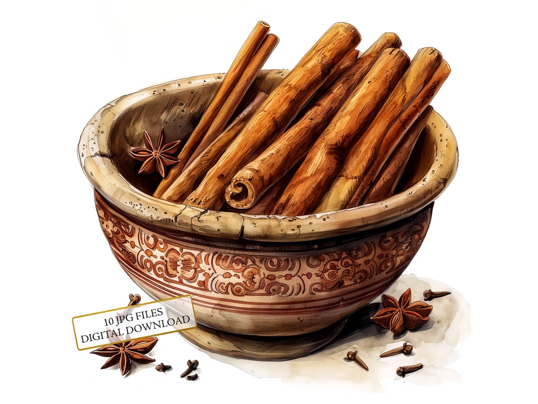 Cinnamon Sticks in a Bowl Clipart Bundle 10 High Quality Watercolor ...