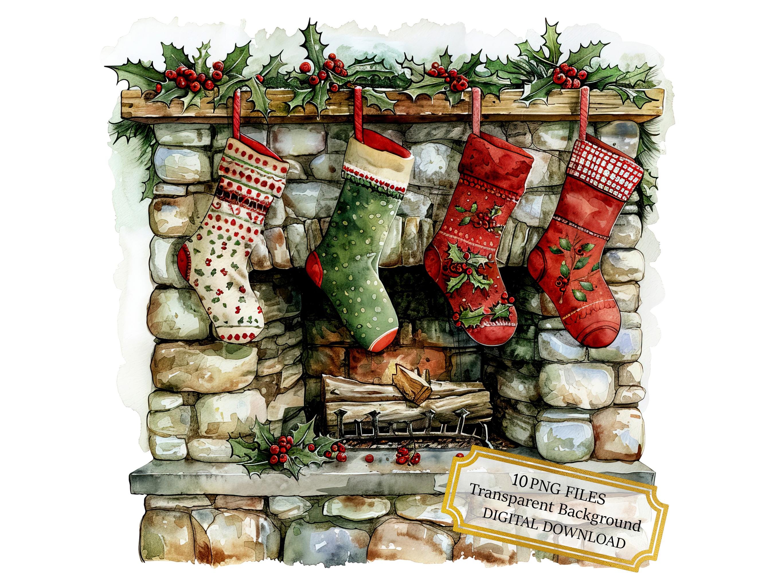 Christmas Stockings on a Fireplace PNG Clipart Bundle- Digital Download ...
