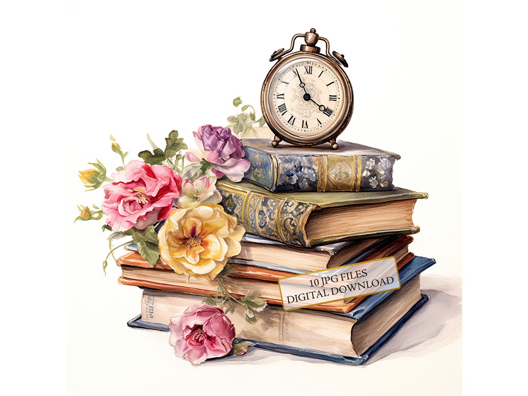 Reading Time, Books With Clock and Flowers Clipart Bundle- 10 High ...