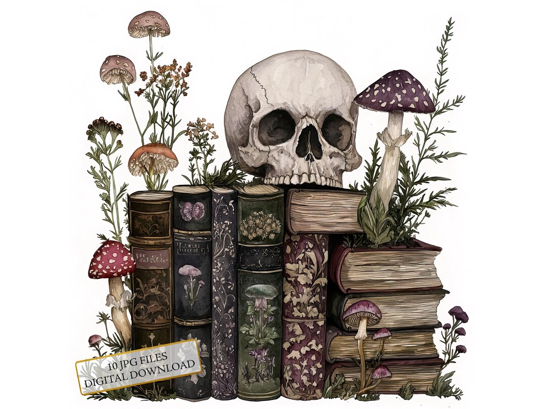 Vintage Books With Skull, Mushrooms and Flowers Clipart Bundle- 10 High ...