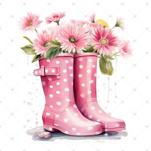 Pink Polka Dot Rain Boots With Flowers Clipart Bundle- 10 High Quality ...