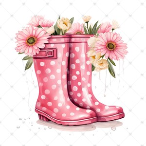 Pink Polka Dot Rain Boots With Flowers Clipart Bundle- 10 High Quality ...