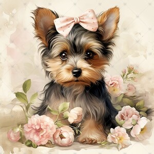 Shabby Chic Yorkshire Terrier Girl With Flowers Clipart Bundle- 10 High ...