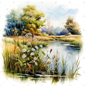 Wetland Nature Scenery Clipart Bundle- 10 High Quality Watercolor Jpgs ...