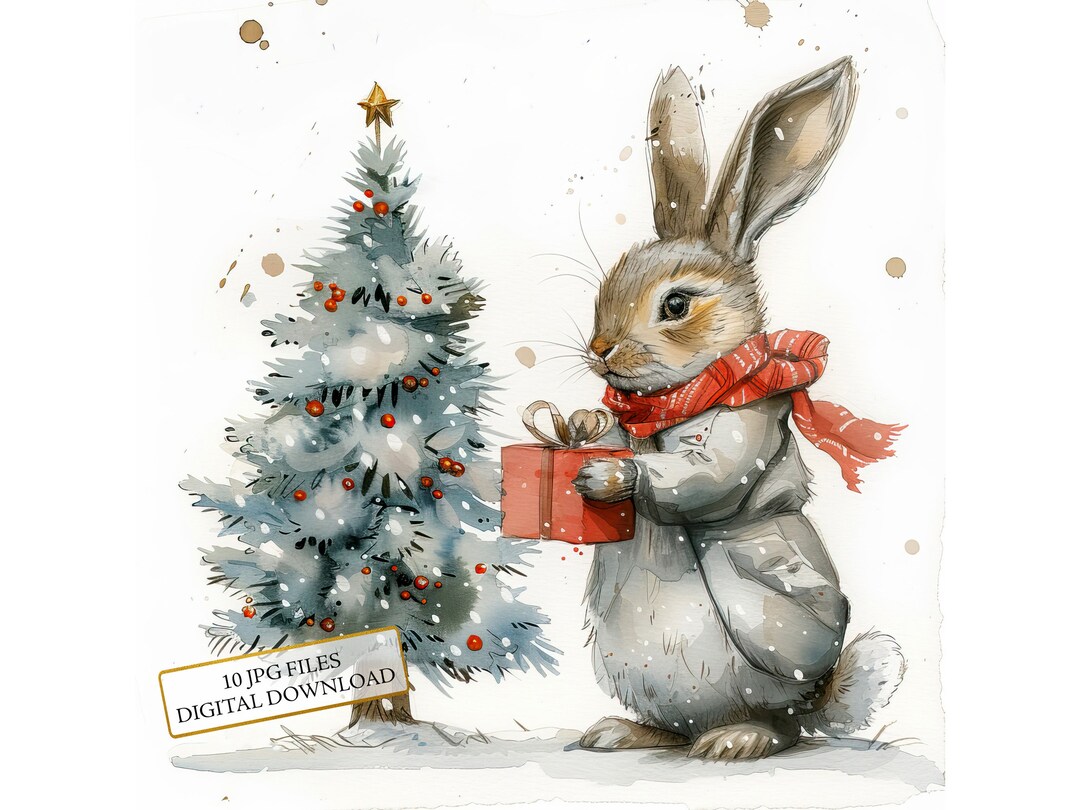 Adorable Bunny Holding Gift by a Christmas Tree Clipart Bundle- 10 High ...