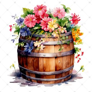 Flowers in an Old Barrel Clipart Bundle 10 High Quality Watercolor Jpgs ...