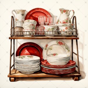 Retro Red Dish Drying Rack Clipart Bundle- 10 High Quality Watercolor ...