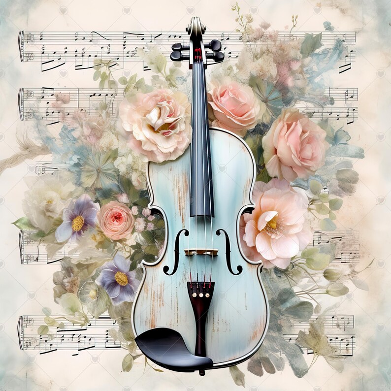 Shabby Chic Floral Violin on Music Sheet JPG Clipart Bundle- Digital ...