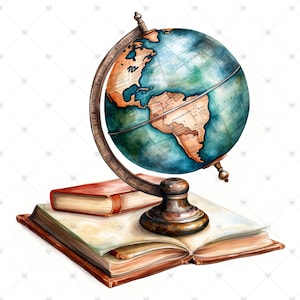 Globe on Books Clipart Bundle- 10 High Quality Watercolor Jpgs- School ...