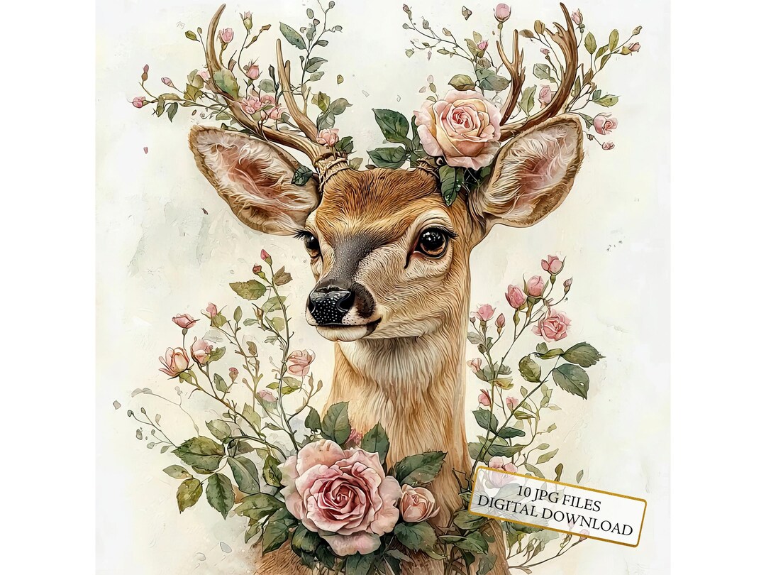 Stag Adorned With Pink Roses JPG Clipart Bundle- Digital Download - Etsy