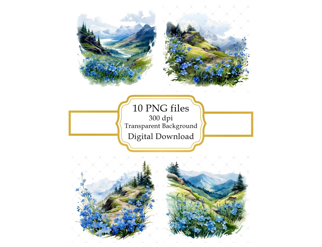 Mountain Hills With Forget Me Not Flowers PNG Clipart Bundle- Digital ...
