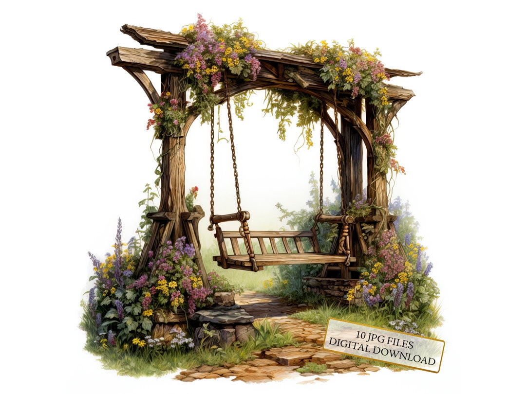 Floral Overgrown Wooden Swing Clipart Bundle- 10 High Quality ...