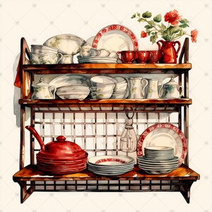 Retro Red Dish Drying Rack Clipart Bundle- 10 High Quality Watercolor ...