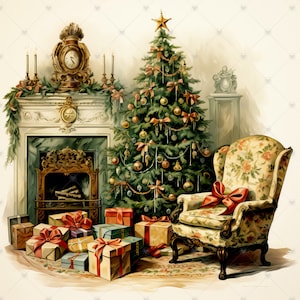 Vintage Christmas Living Room Clipart Bundle- 10 High Quality ...