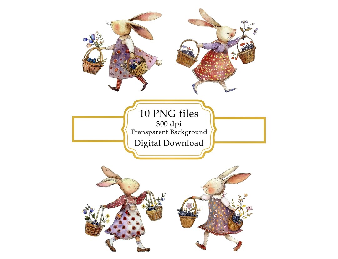 Adorable Bunny in Dress With Baskets of Spring Flowers PNG Clipart ...