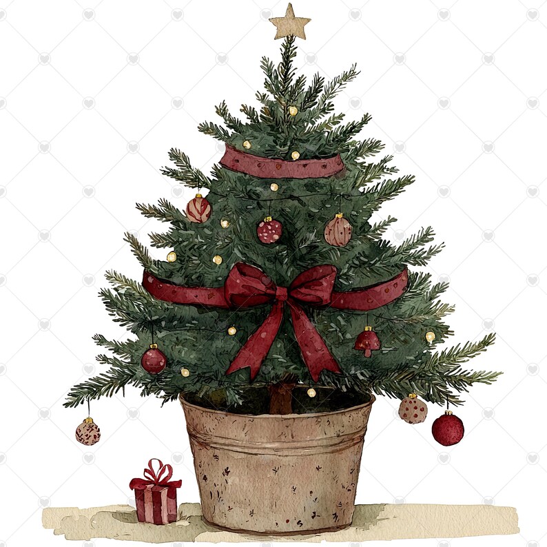 Christmas Tree in a Bucket With Red Ribbon PNG Clipart Bundle- Digital ...