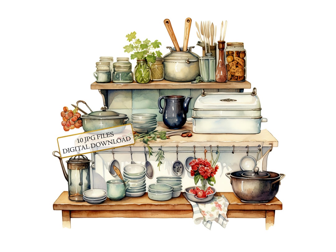 Vintage Kitchen Clutter Clipart Bundle- 10 High Quality Watercolor Jpgs ...