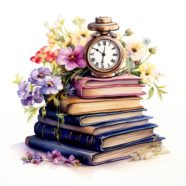 Reading Time Books With Clock and Flowers Clipart Bundle 10 - Etsy
