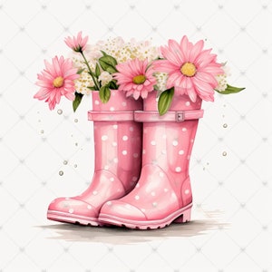 Pink Polka Dot Rain Boots With Flowers Clipart Bundle- 10 High Quality ...