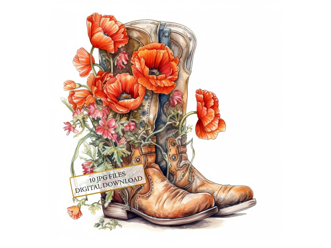 Cowboy Boots With Poppies Clipart Bundle- 10 High Quality Watercolor ...