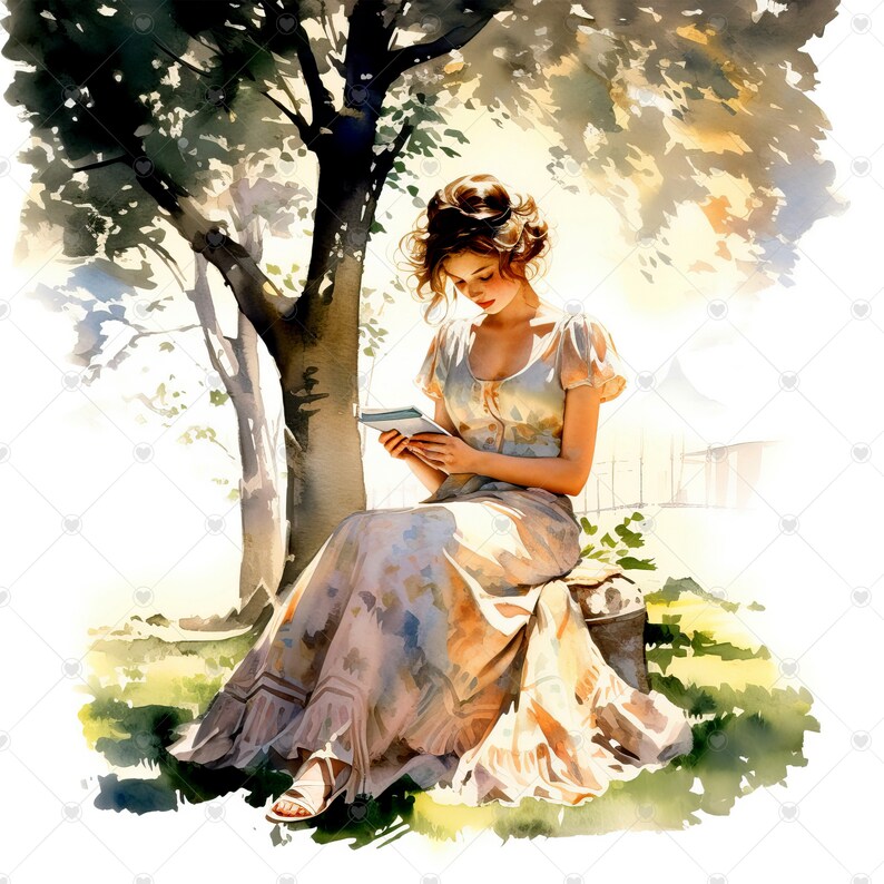 Victorian Reading Woman Under the Tree Clipart Bundle 10 High - Etsy