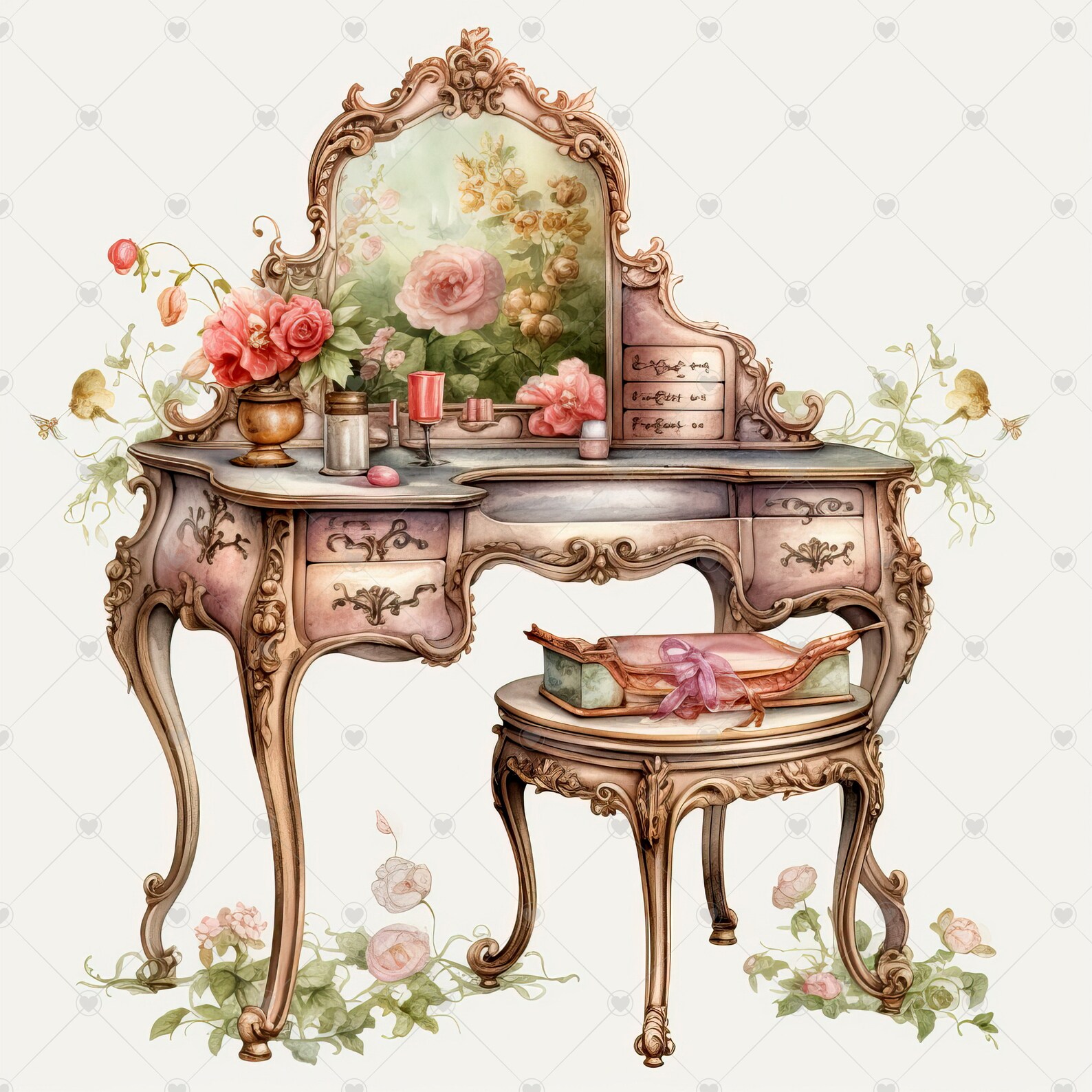 Vintage Rococo Vanity Table Clipart Bundle 10 High Quality Watercolor ...