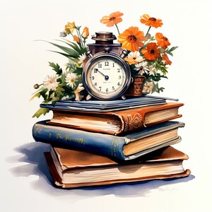 Reading Time, Books With Clock and Flowers Clipart Bundle- 10 High ...