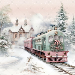 Vintage Pink Sage Christmas Train in Snowy Scenery JPG Clipart Bundle ...