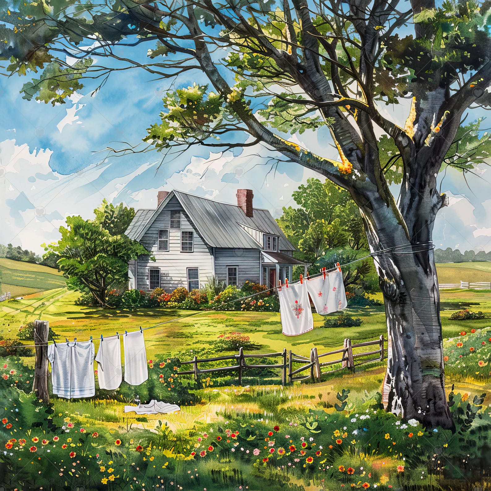 Clothes Drying on Clothesline in a Cottage Garden JPG Clipart Bundle ...