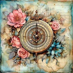 Shabby Chic Floral Compass With Map Clipart Bundle- 10 High Quality ...