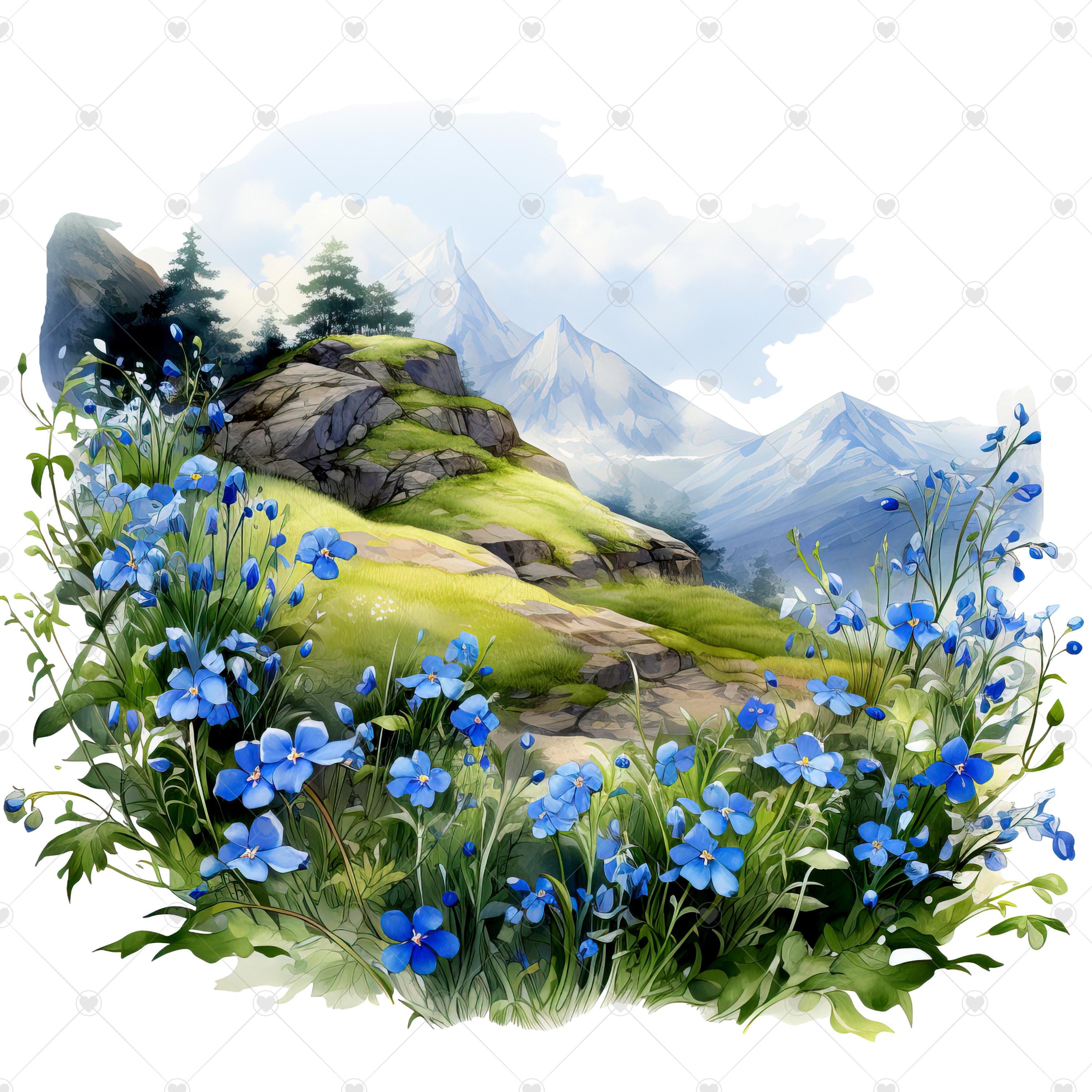 Mountain Hills With Forget Me Not Flowers PNG Clipart Bundle- Digital ...