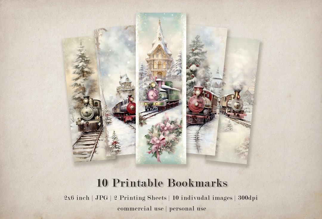 10 Christmas Train in Snowy Scenery Printable Bookmark Sheets, 10 JPG ...