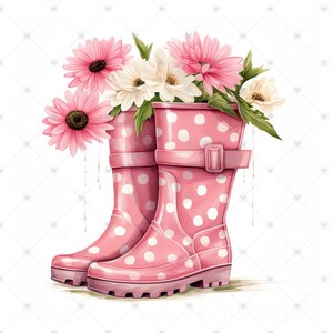 Pink Polka Dot Rain Boots With Flowers Clipart Bundle- 10 High Quality ...