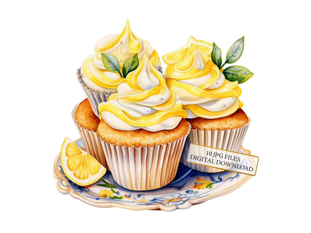 Lemon Cupcake Clipart Bundle 10 High Quality Watercolor Jpgs Dessert ...