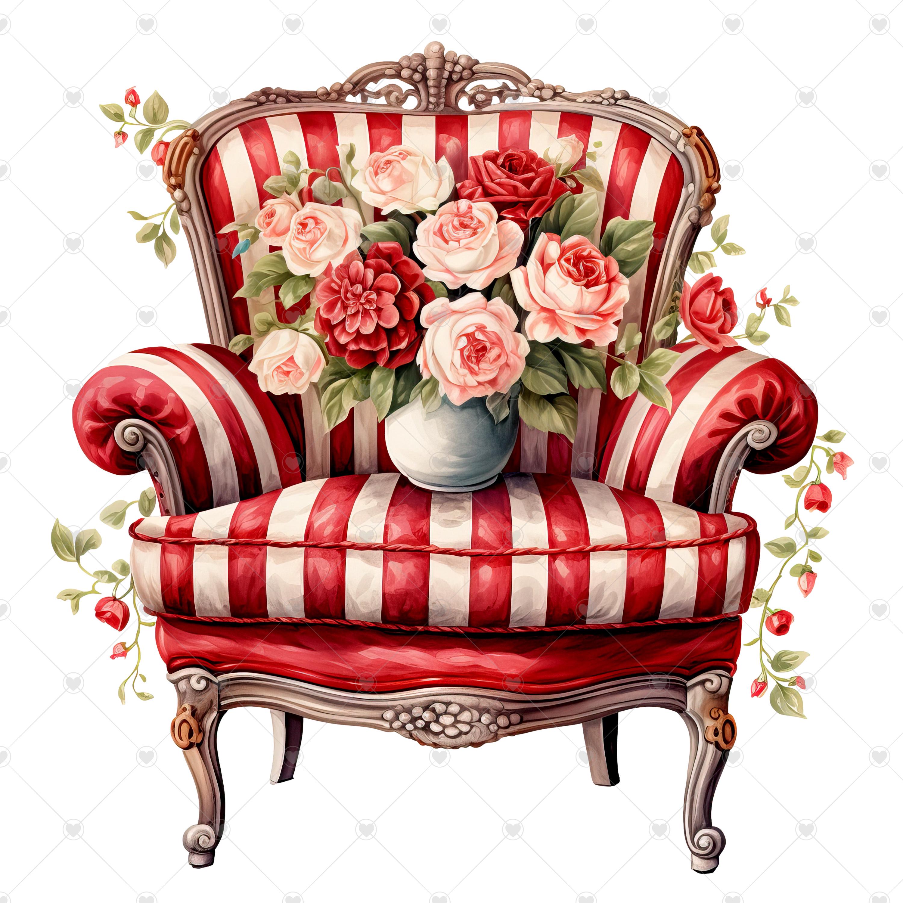 Vintage White Red Striped Chair With Roses PNG Clipart Bundle- Digital ...