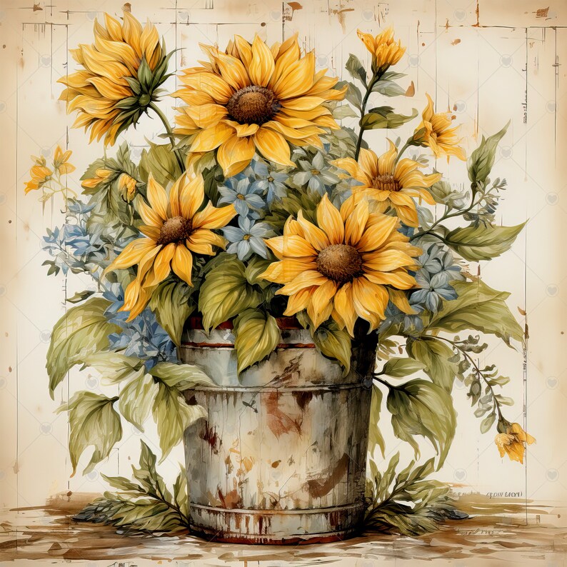 Shabby Chic Potted Sunflowers JPG Clipart Bundle- Digital Download ...