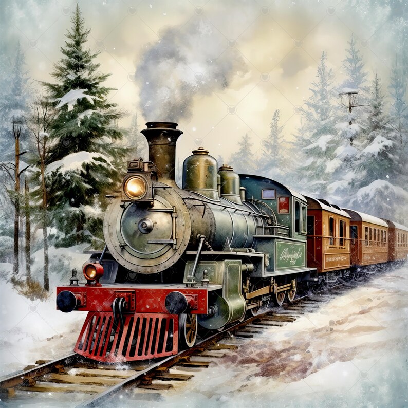 Vintage Christmas Train Leaving Snowy Town JPG Clipart Bundle- Digital ...