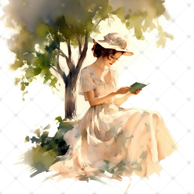 Victorian Reading Woman Under the Tree Clipart Bundle 10 High - Etsy