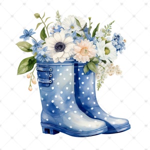 Blue Polka Dot Rain Boots With Flowers Clipart Bundle- 10 High Quality ...