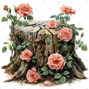 Pink Roses Growing Out of a Tree Stump JPG Clipart Bundle- Digital ...