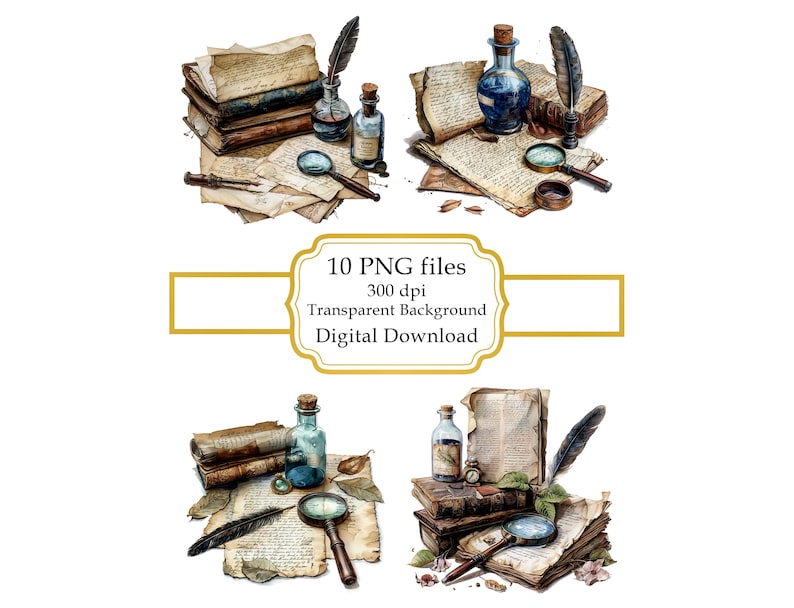 Pacote de imagens PNG de pena de escrever, letras manuscritas e lupa ...