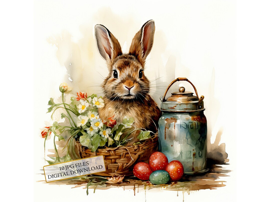 Rabbit With Rustic Tin Cans and Colored Eggs JPG Clipart Bundle ...