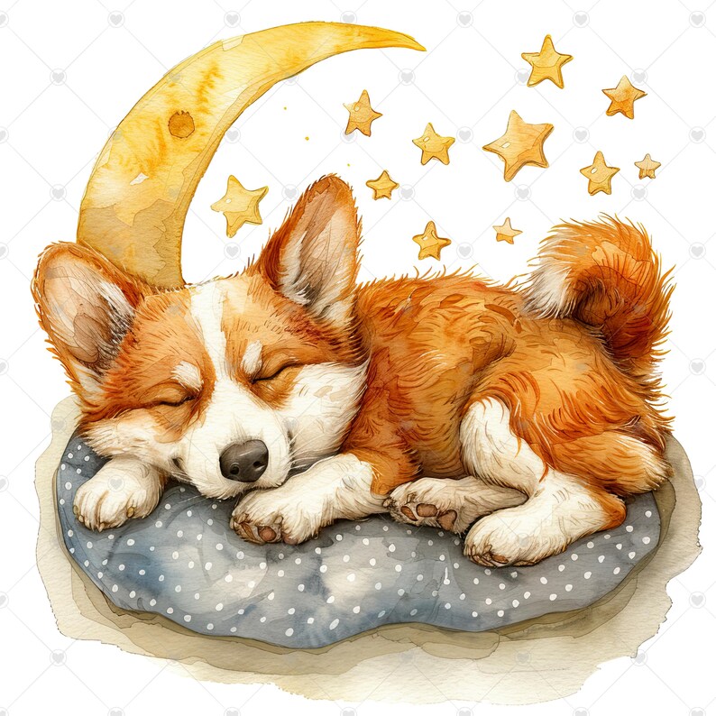 Little Corgi Sleeping by the Crescent Moon PNG Clipart Bundle- Digital ...