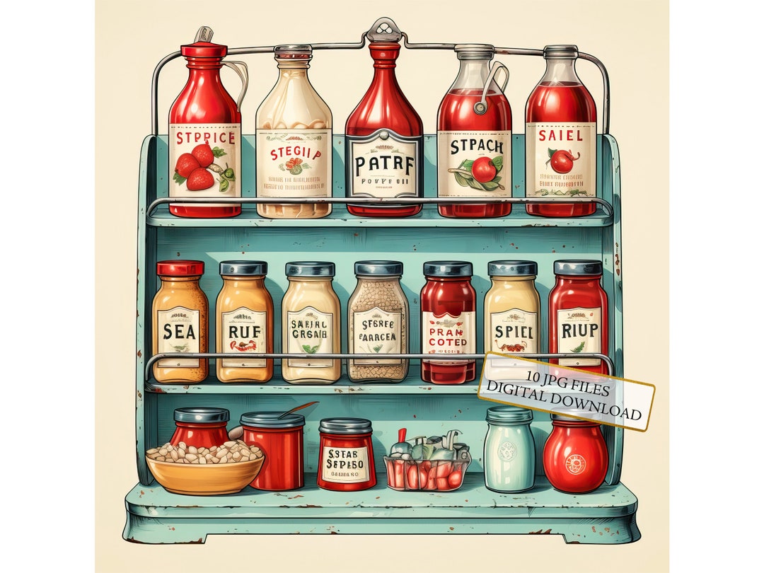 Retro Spice Rack Clipart Bundle- 10 High Quality Watercolor Jpgs ...