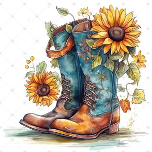 Cowboy Boots With Sunflowers Clipart Bundle- 10 High Quality Watercolor ...
