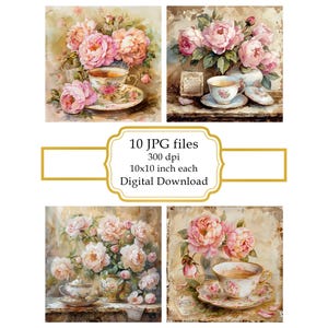 Shabby Chic Cup of Tea With Pink Roses JPG Clipart Bundle- Digital ...