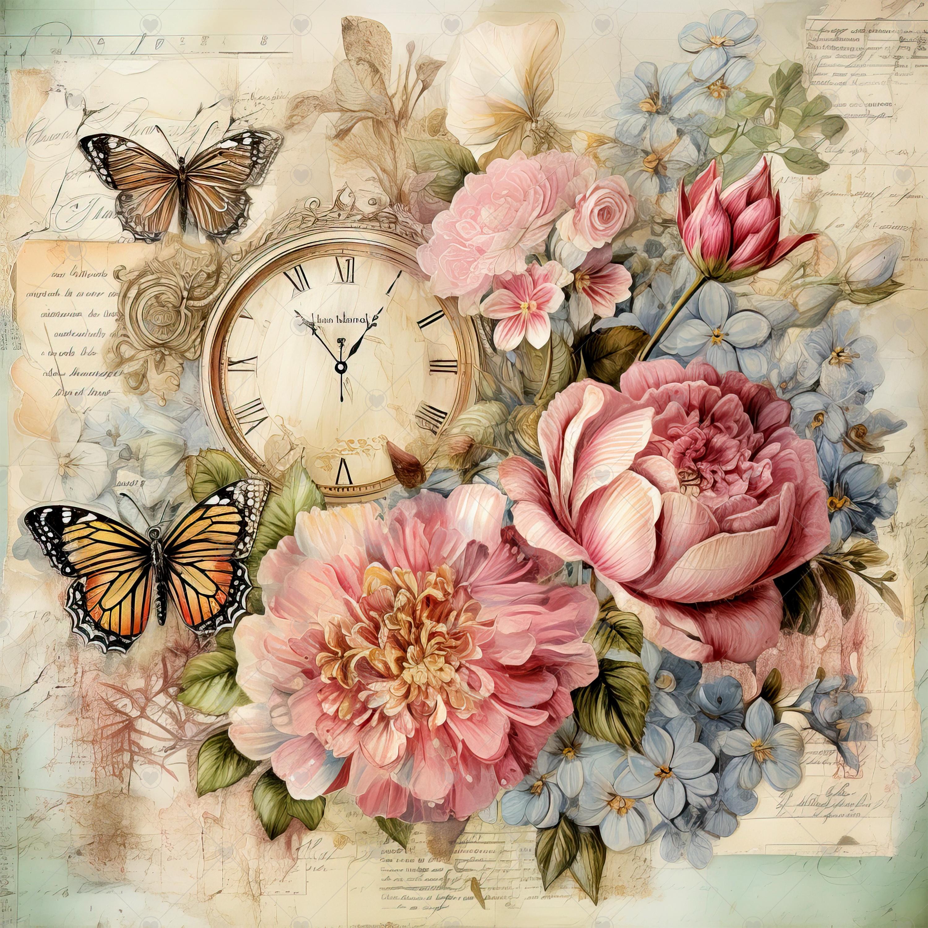 Shabby Chic Floral Clock Vintage Paper JPG Clipart Bundle- Digital ...